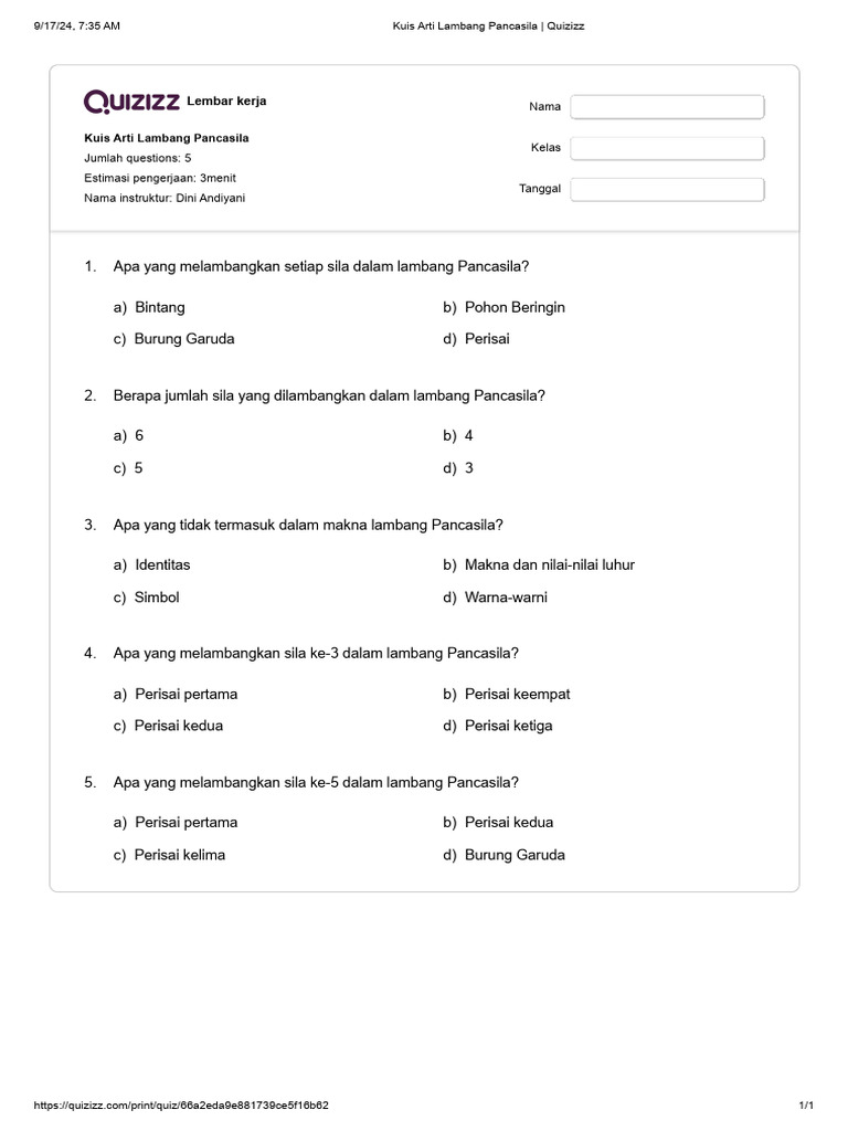 Kuis Arti Lambang Pancasila - Quizizz | PDF