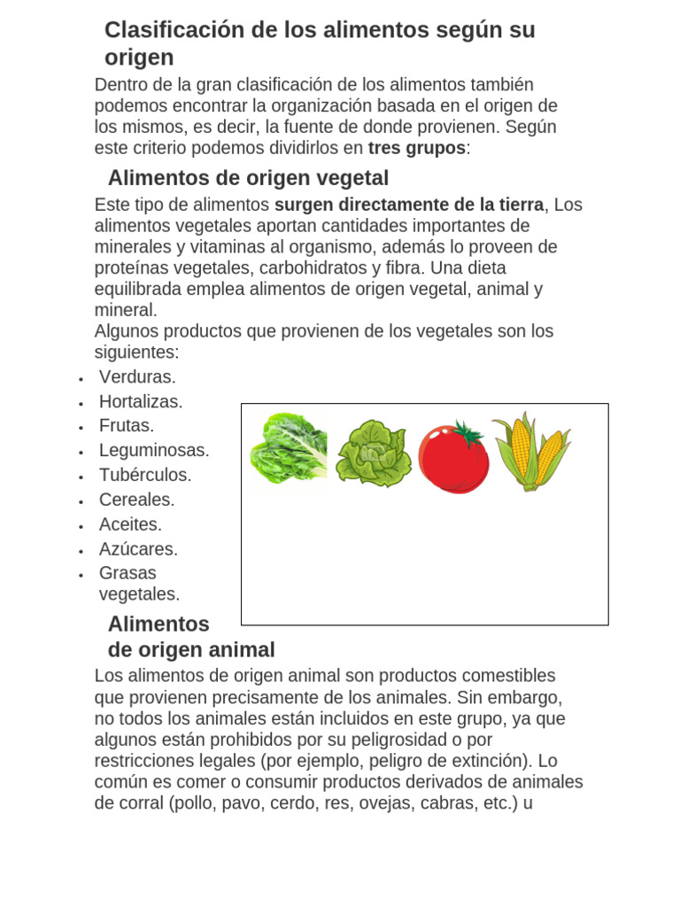 Clasificación De Los Alimentos Según Su Origen Pdf