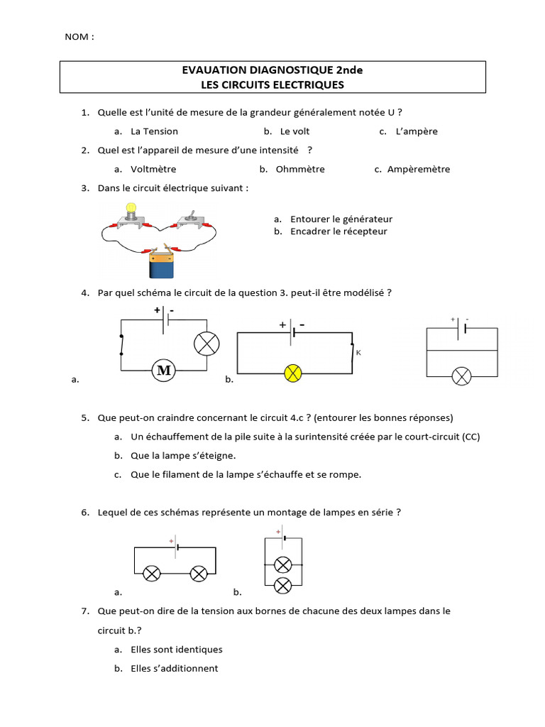 2nde Evaluation Diagnostique Electricite | PDF