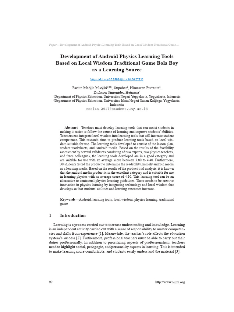 Development of Android Physics Learning Tools Based On Local Wisdom Traditional Game Bola Boy As ...