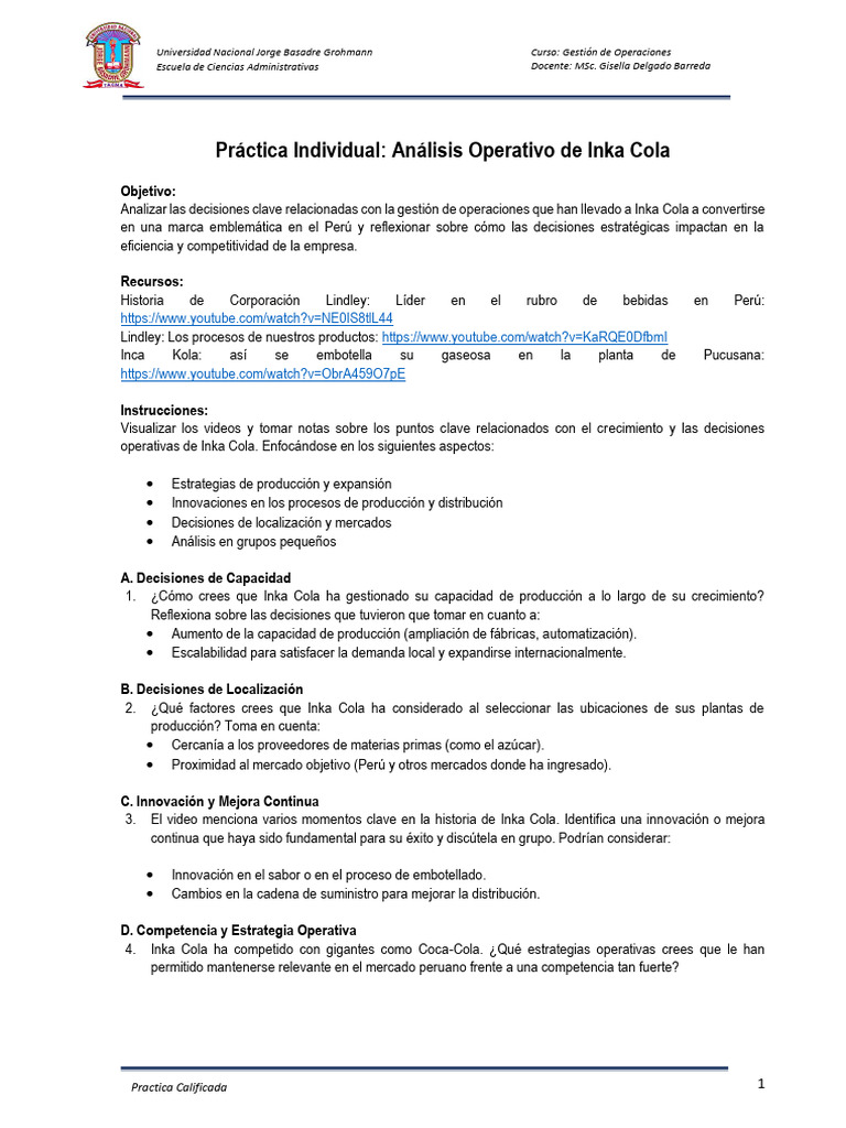 Practica 02 - Análisis Operativo de Inka Cola - Individual | PDF
