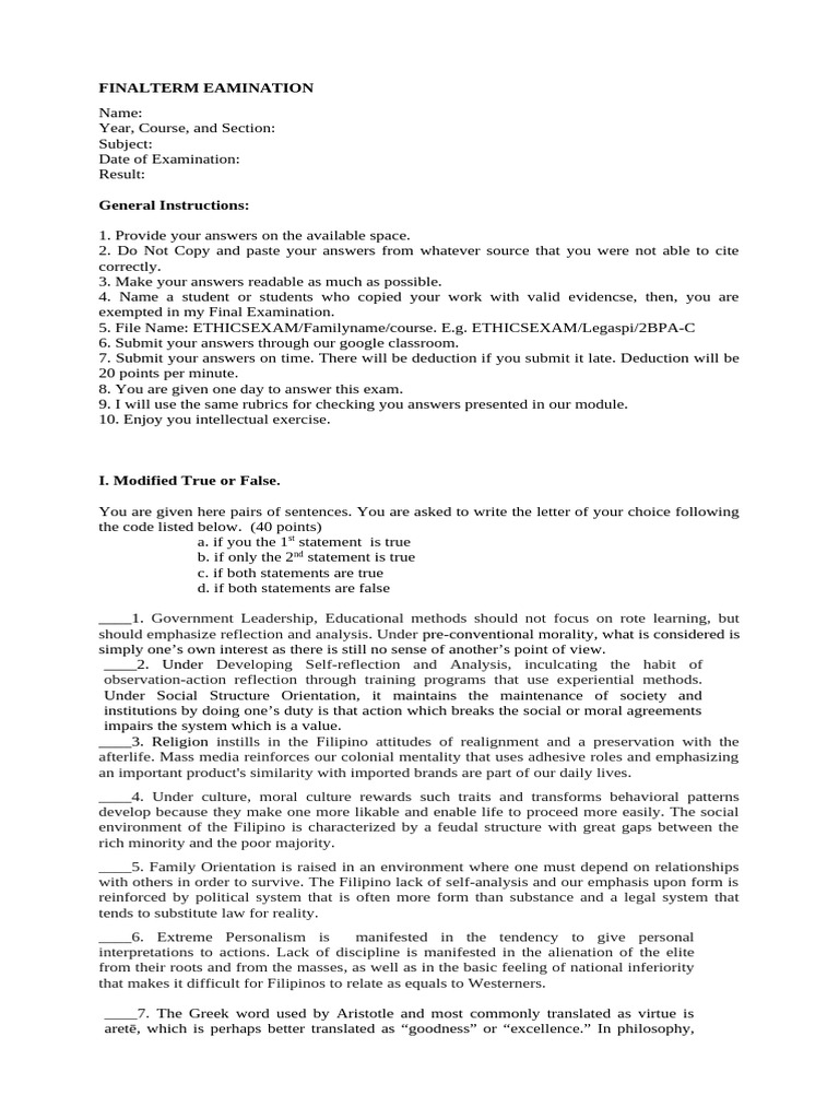 Final Examination Guidelines and Ethics | PDF | Morality | Science & Mathematics
