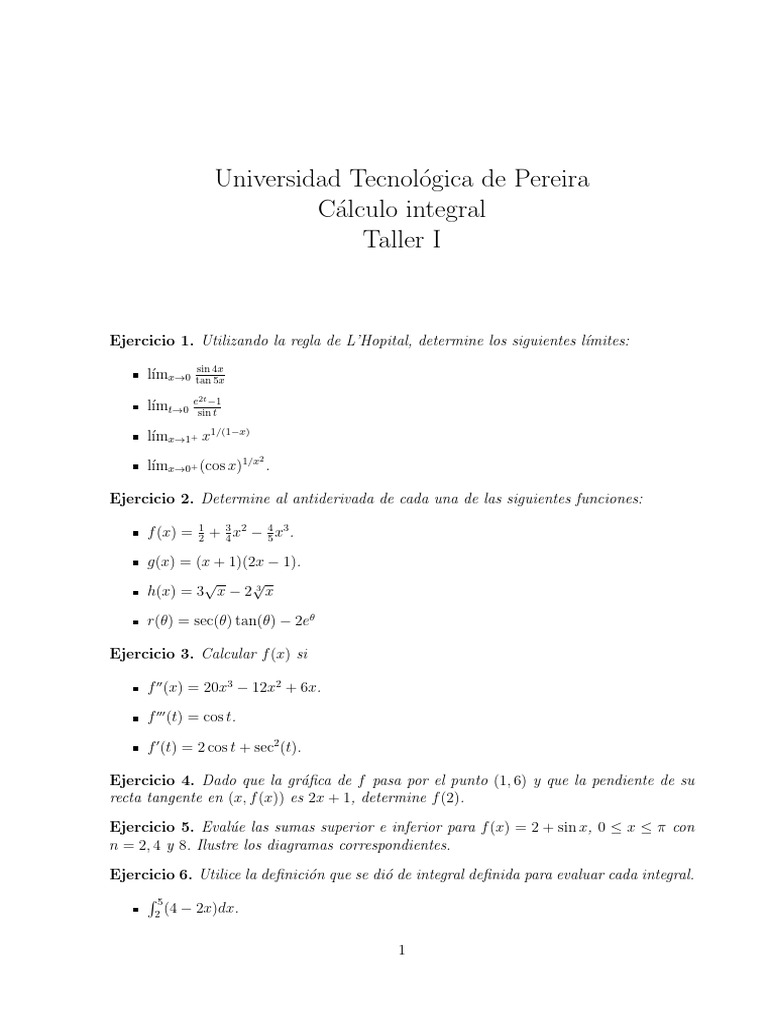 Taller Cálculo Integral I | PDF
