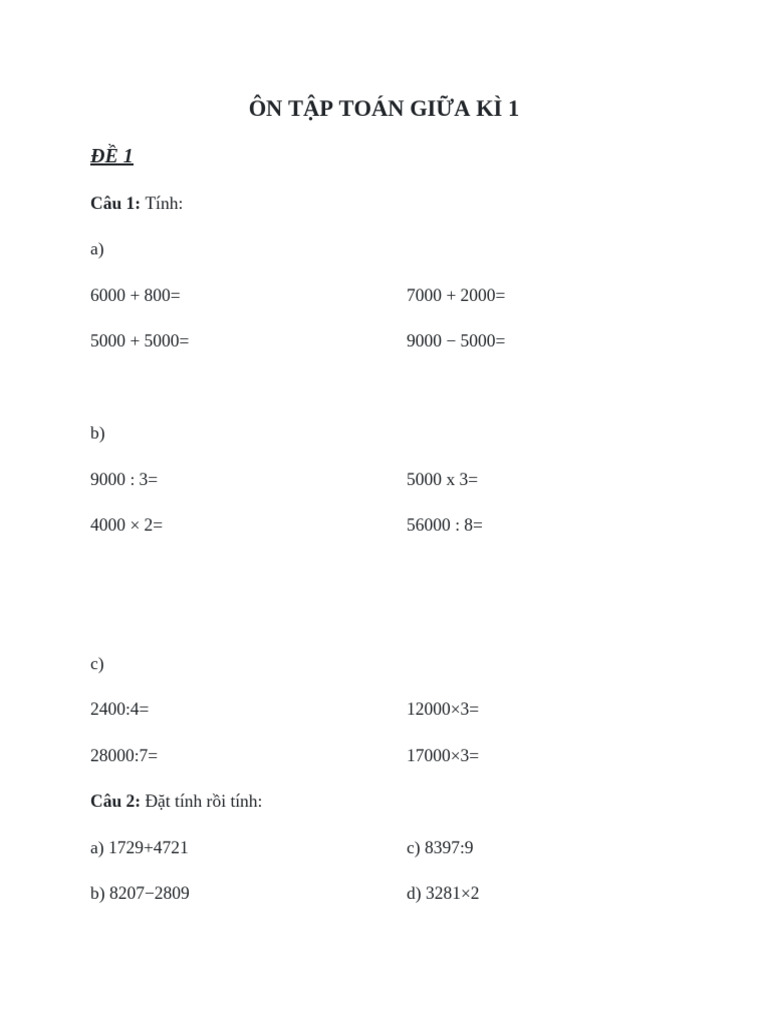 Ôn tập GK1 toán lớp 4 | PDF