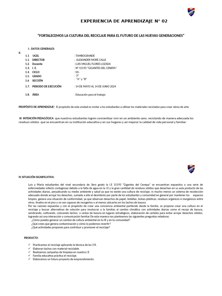 Experiencia 2 Ept - Tercero 2024 | PDF | Aprendizaje | Residuos