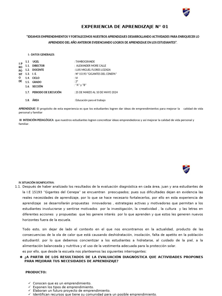 Experiencia 1 Ept Segundo 2024 | PDF | Iniciativa empresarial | Negocios