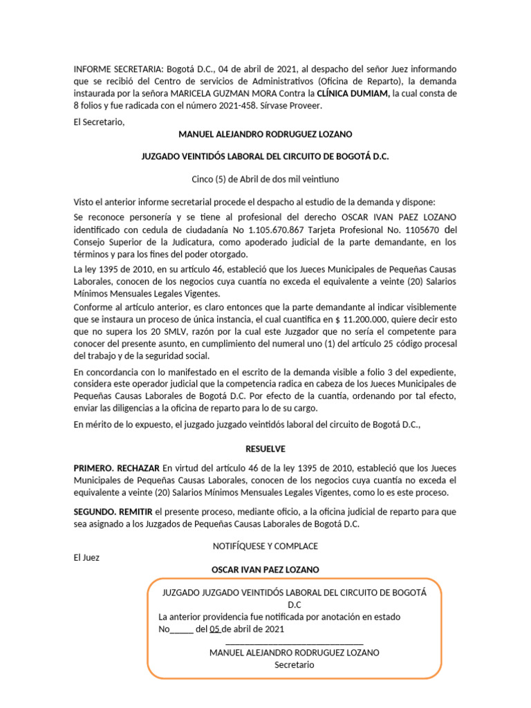 Auto de Rechazo de La Demanda | PDF