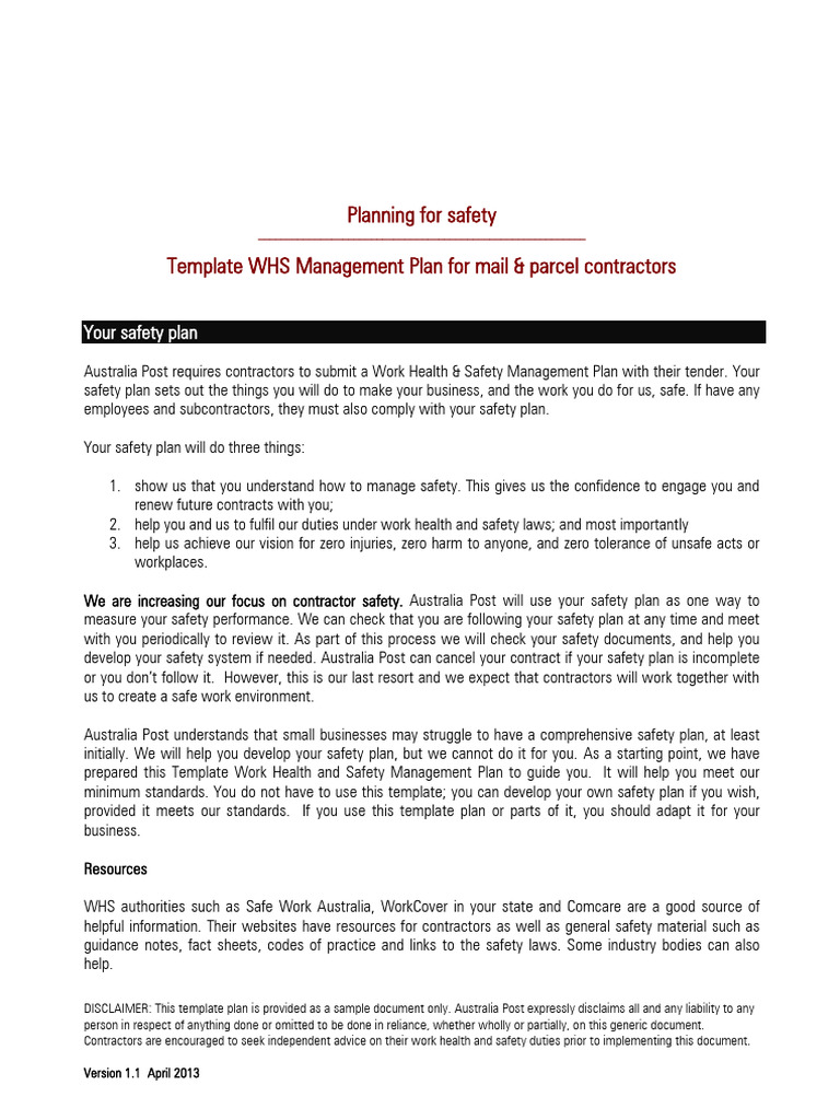 Mail-contractors-WHS-mgmt-safety-plan-template by Auspost | PDF