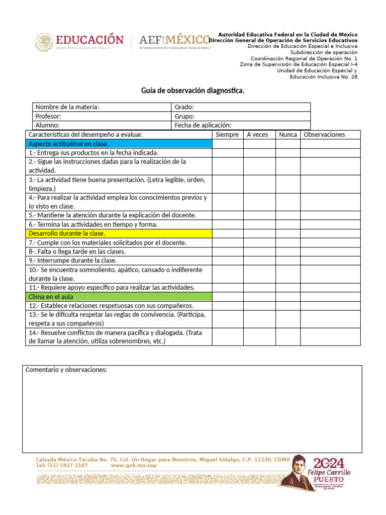 Guía de Observación Diagnostica. | PDF | Maestros | Educación especial