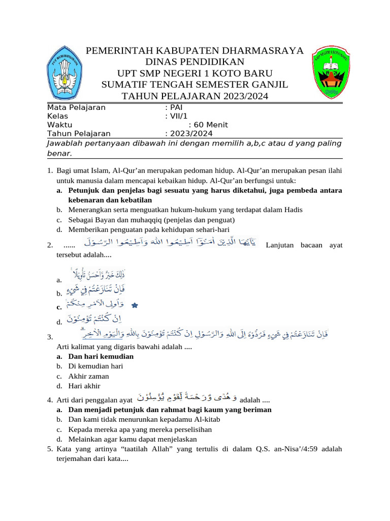 Copy-SOAL SUMATIF TENGAH SEMESTER KELAS 7 PAI SMT 1 2023 | PDF