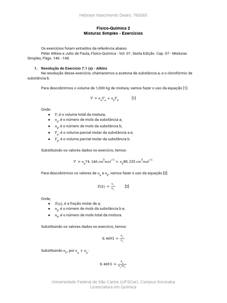 Físico-Química 2 - Misturas Simples - Exercícios | PDF