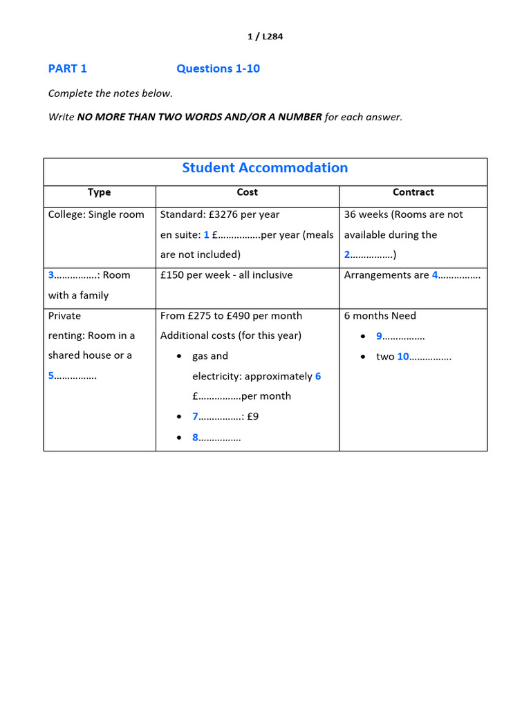 Student Accommodation: Questions 1-10 | PDF