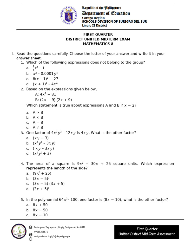 Math 8 Midterm Sy2023-2024 | PDF