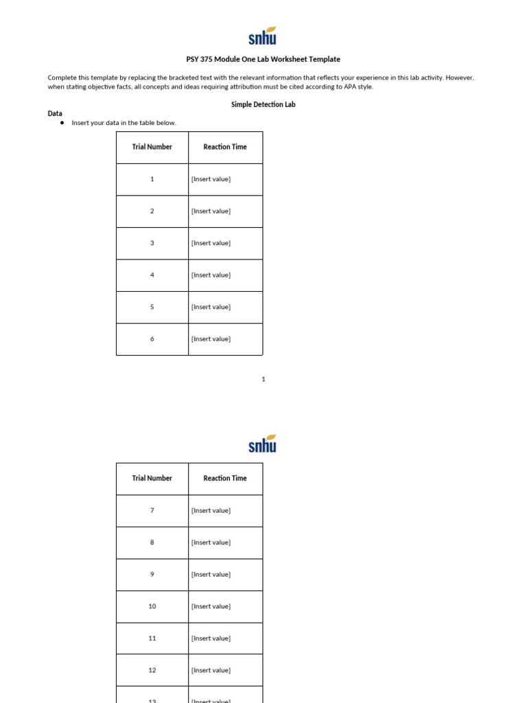 PSY 375 Module One Lab Worksheet Template | PDF