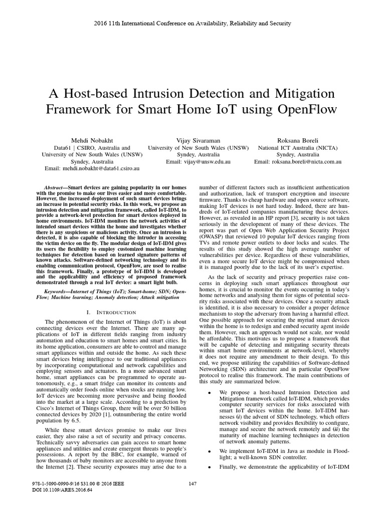 A Host-Based Intrusion Detection and Mitigation Framework For Smart Home IoT Using OpenFlow | PDF