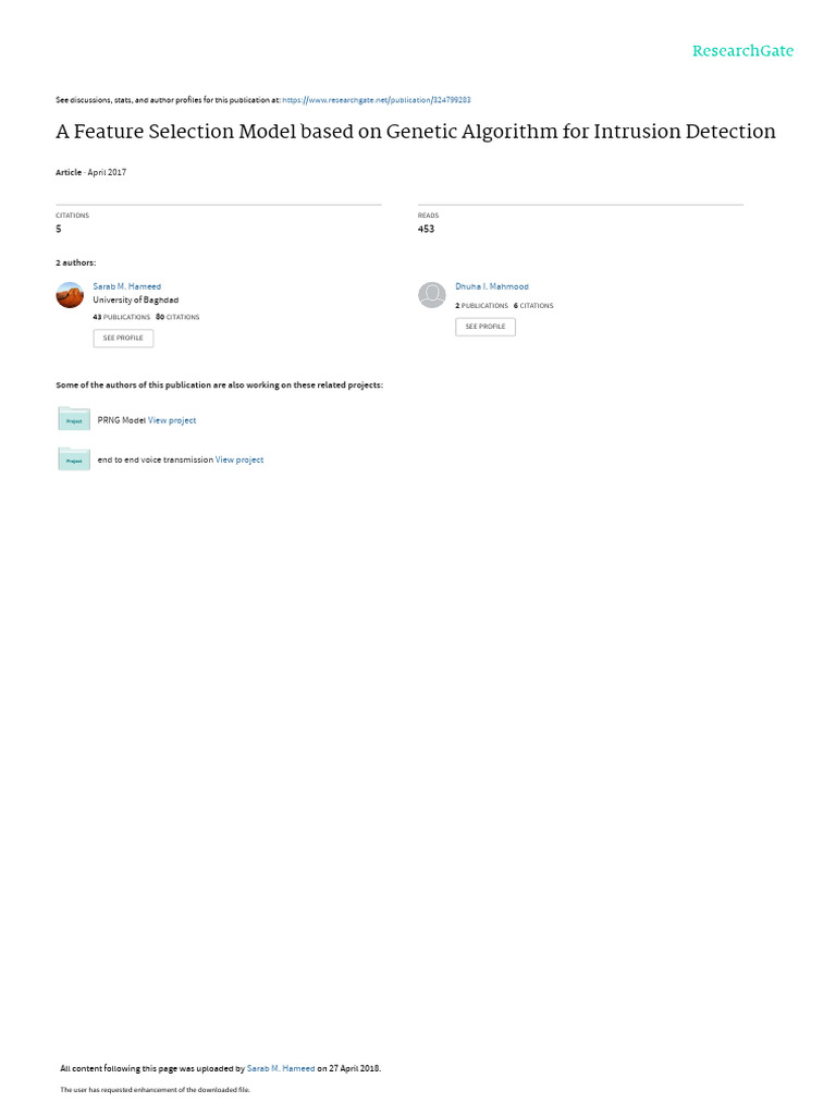 A Feature Selection Model Based On Genetic Algorithm For Intrusion Detection | PDF