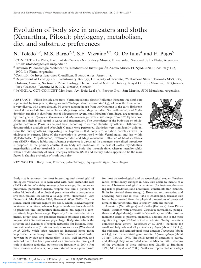 Evolution of Body Size in Anteaters and Sloths Xenarthra Pilosa Phylogeny Metabolism Diet and ...