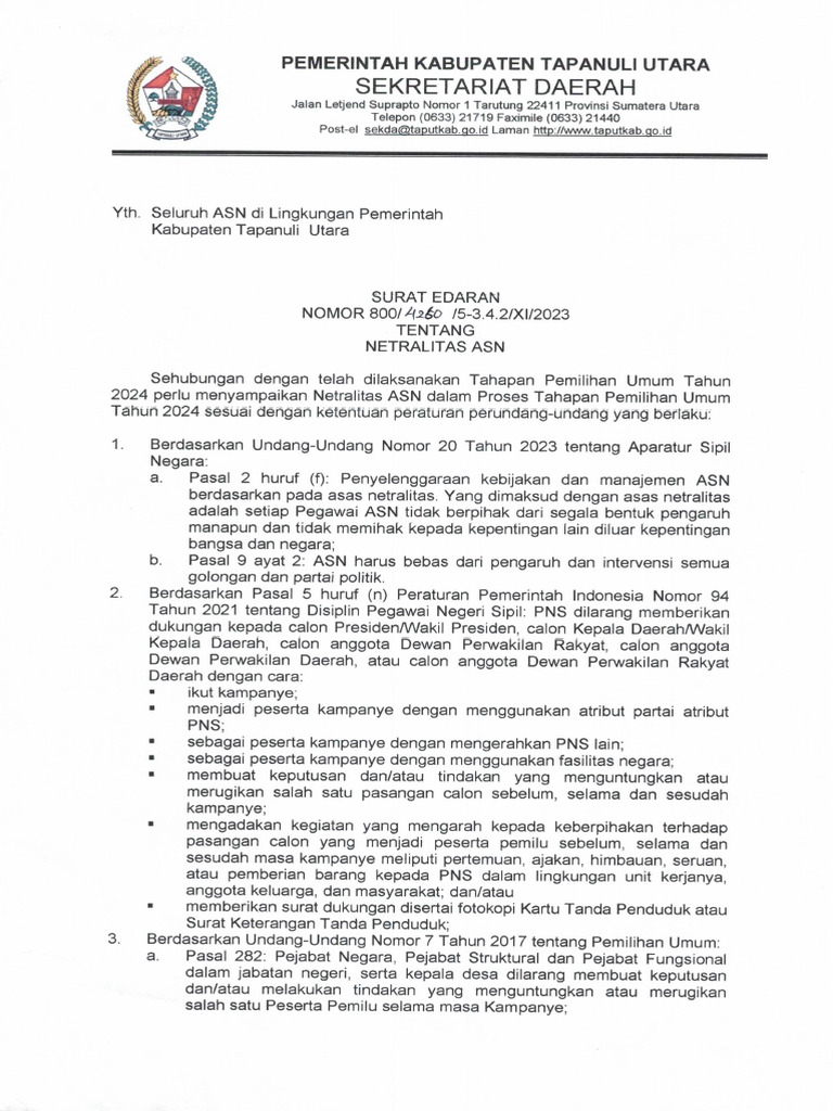 Surat Edaran Netralitas Asn 2023 | PDF