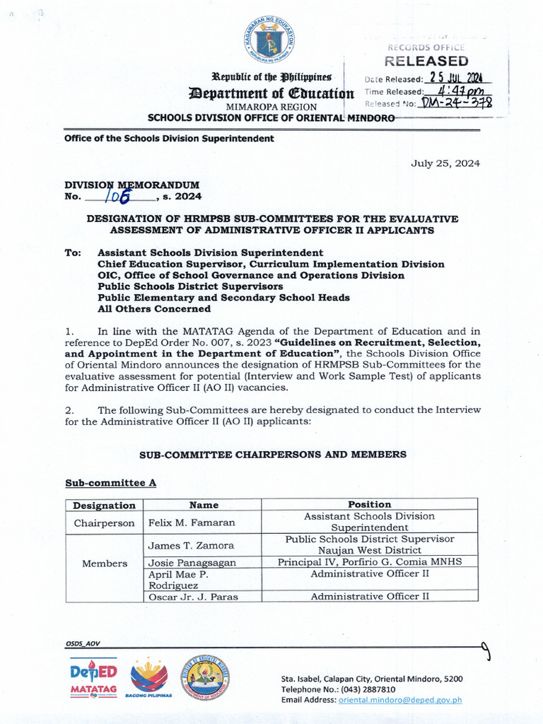 DM106 Designation of HRMPSB Sub Committees For The Evaluative ...