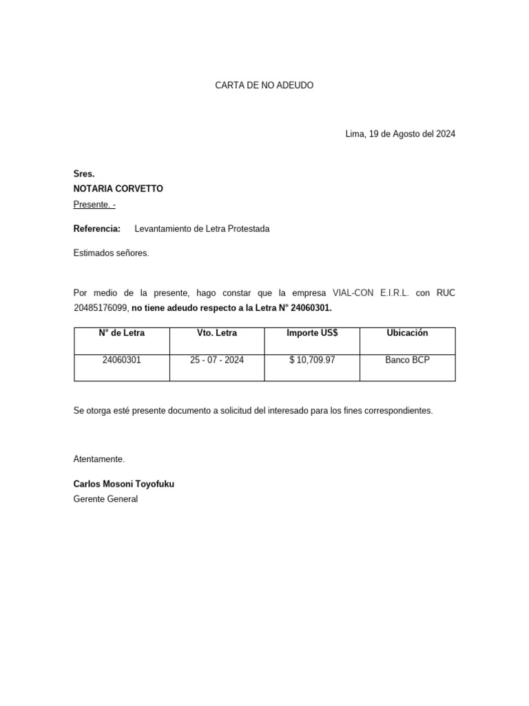 Modelo Carta de No Adeudo | PDF