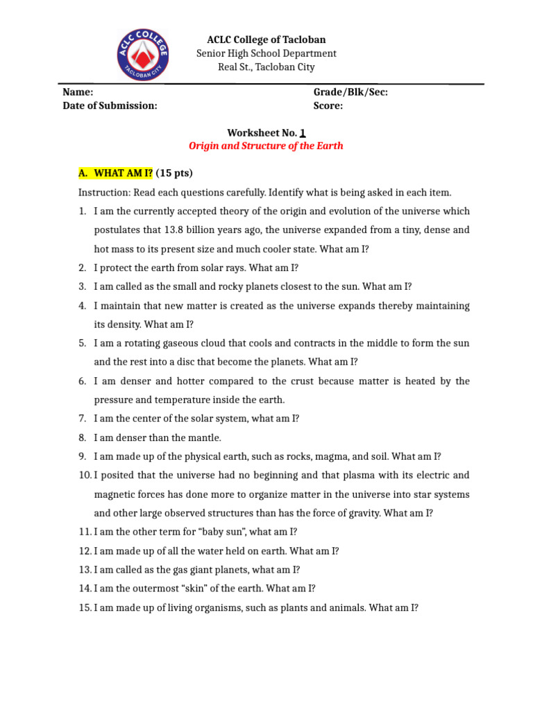Earth Science Worksheet Guide | PDF | Earth | Young Adult