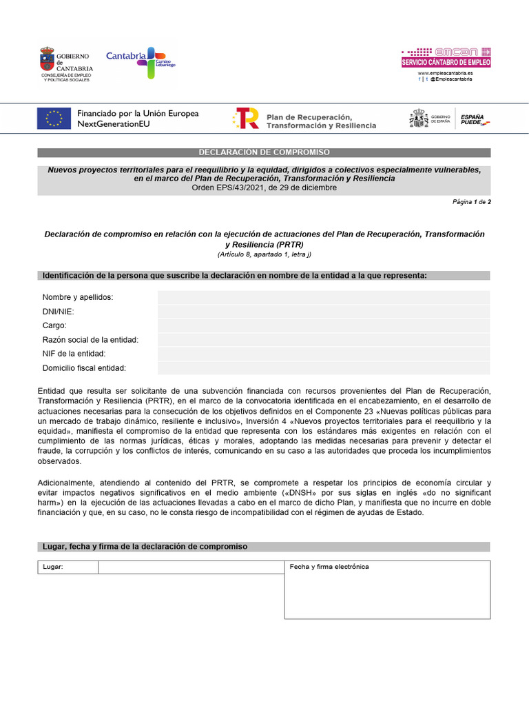 PRTR - C23 - I4 - CCVV - 05 Declaracion Compromiso Ejecucion - Form | PDF