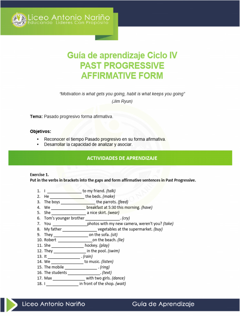 Past Progressive Affirmative Form | PDF