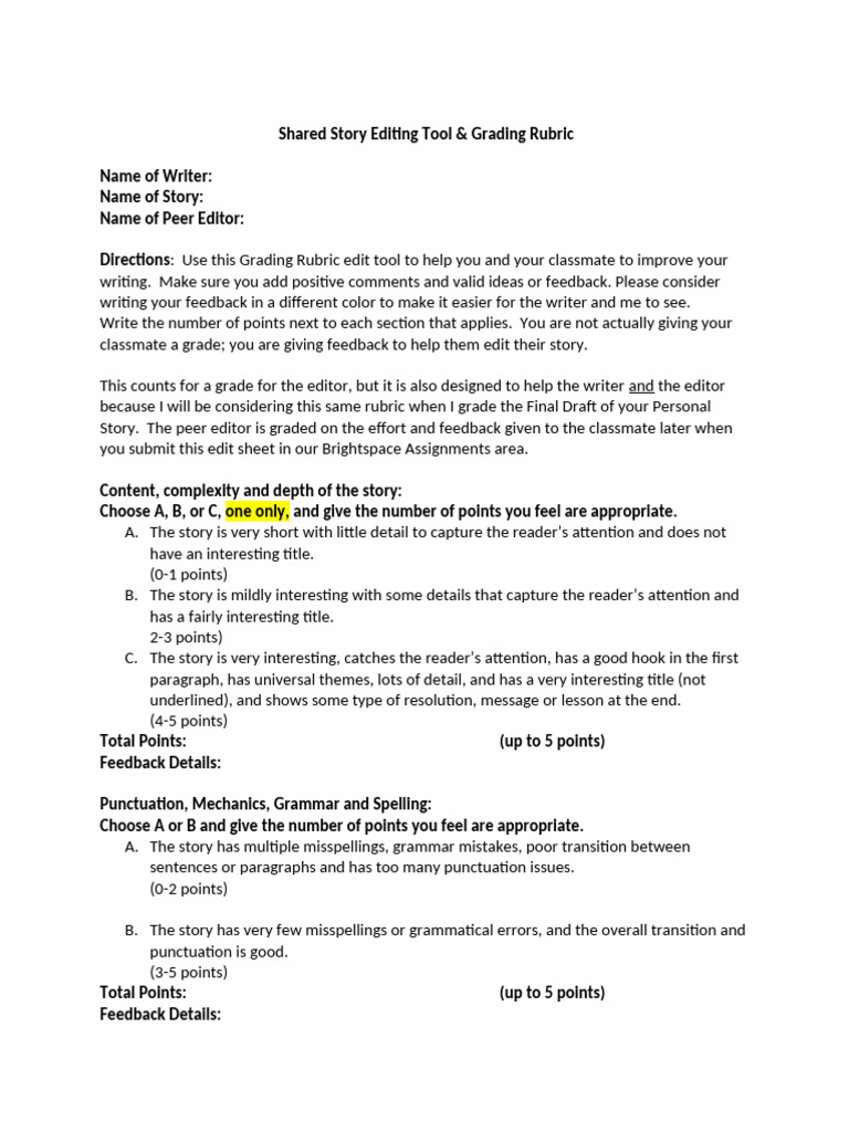 Personal Story Editing Tool and Grading Rubric | PDF