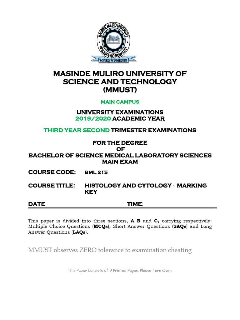 HISTOLOGY AND CYTOLOGY - MARKING KEY | PDF