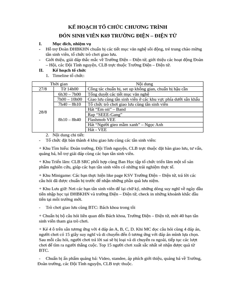 KẾ HOẠCH TỔ CHỨC ĐÓN SV K69 | PDF