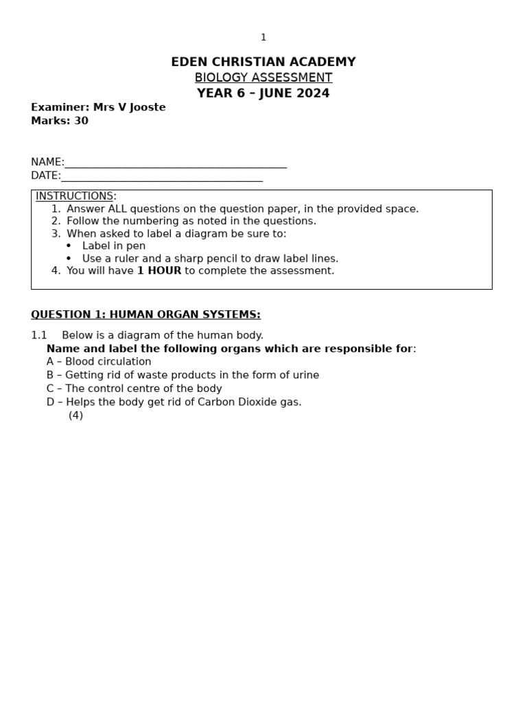 Year 6 Biology Assessment June 2024 | PDF | Blood | Heart