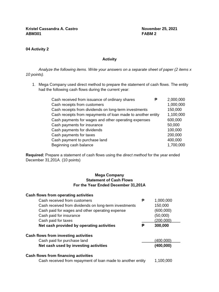 Castro ABM301 04 Activity 2 Direct and Indirect Method SCF eLMS Revised (FABM 2) | PDF | Cash ...