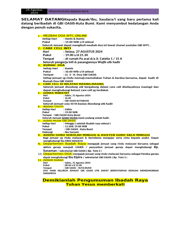 PENGUMUMAN IBADAH RAYA 25 Agustus '24 | PDF