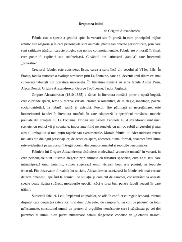 27 Dreptatea Leului - Grigore Alexandrescu-Fabula | PDF