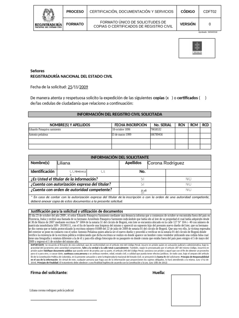 Formato-de-Registraduria- orden de cedulas | PDF
