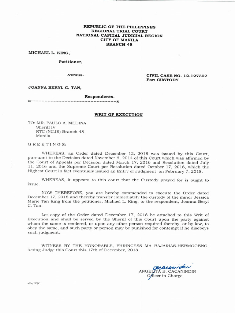 Writ of Execution and Order | PDF