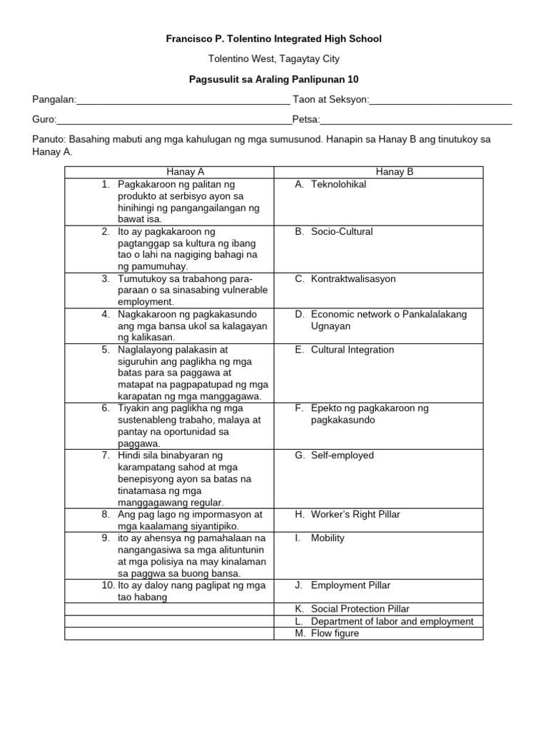 Summative Exam Araling Panlipunan 10 | PDF