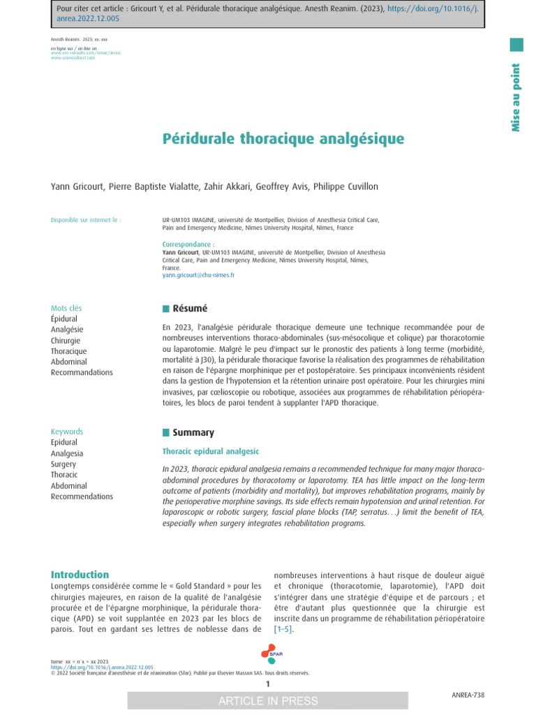 Péridurale Thoracique Analgésique | PDF