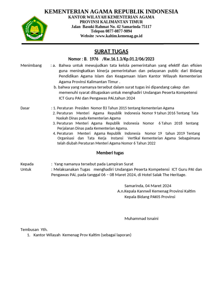 SURAT TUGAS GURU Bu Nurida | PDF