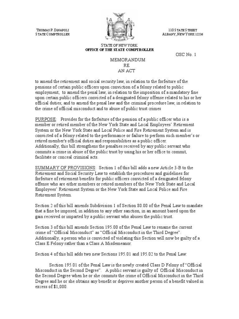 NY Pension Forfeiture Bill for Felons | PDF | Felony | Asset Forfeiture