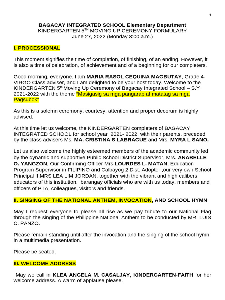 Kindergarten Moving Up Ceremony 2022 | PDF | Career & Growth | Wellness