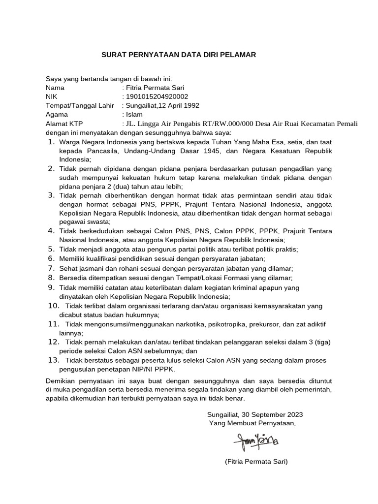 Surat Pernyataan Data Diri P3K | PDF