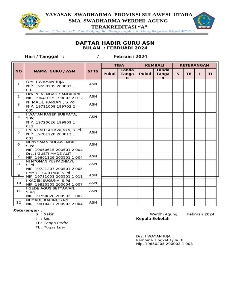 Daftar Hadir Asn Dan GTT | PDF