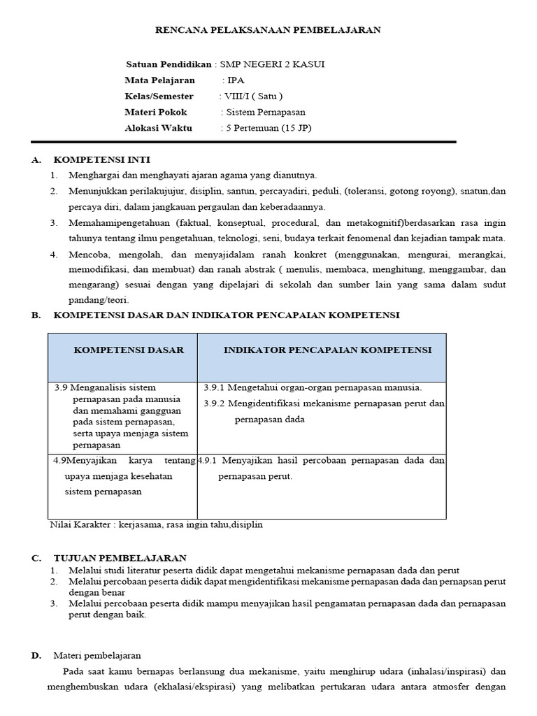 RPP Ipa Sistem Pernapasan 8 Ganjil | PDF
