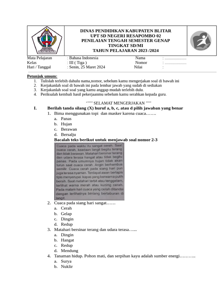 Soal PTS 2 Bina K 3 | PDF
