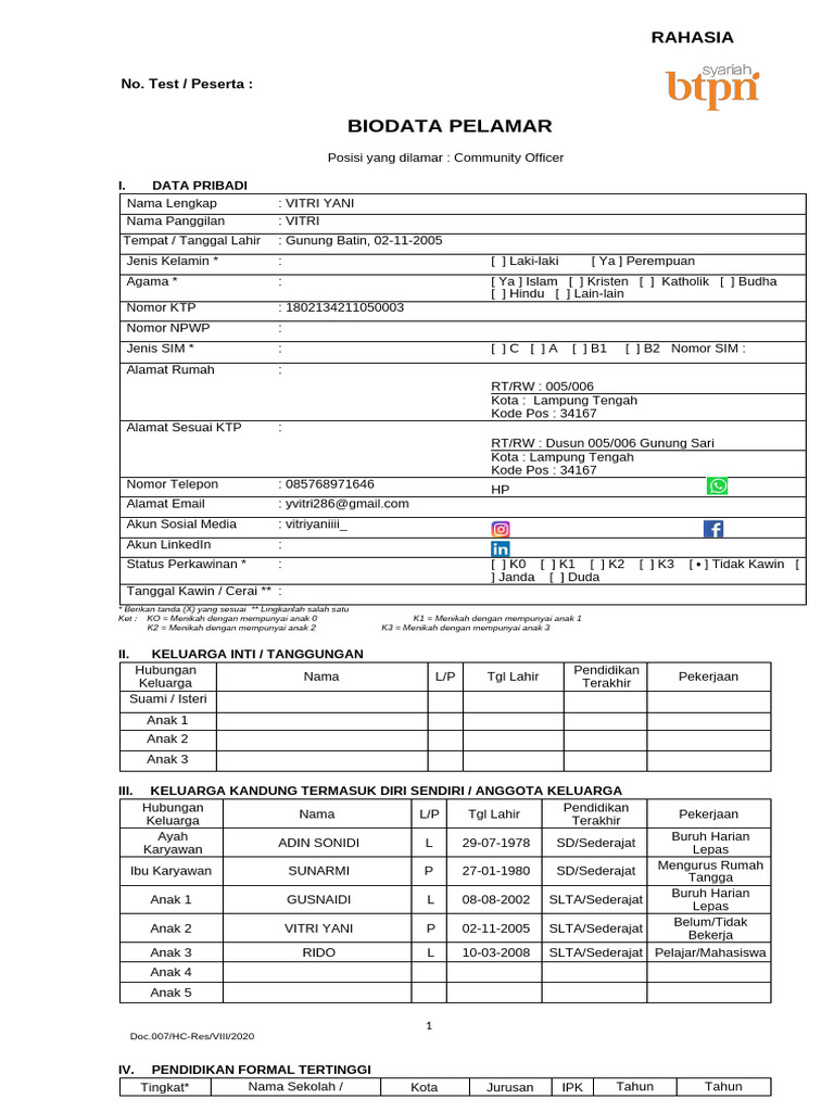 Form Biodata Pelamar Vitri | PDF