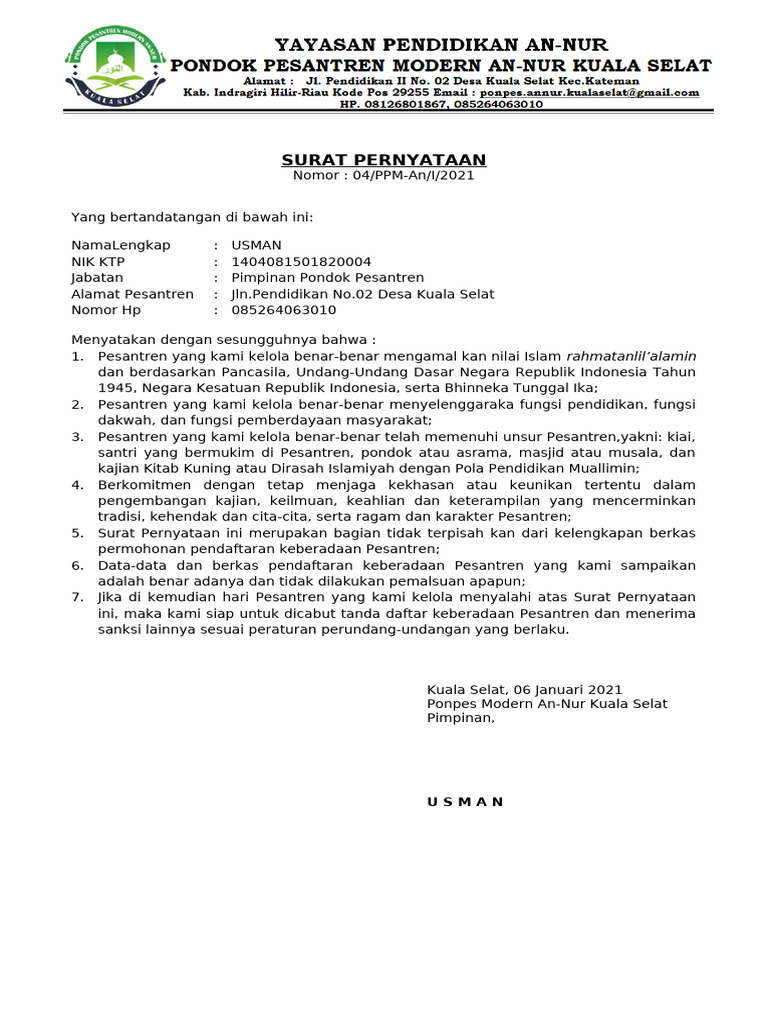Format Surat Pernyataan Pimpinan Pesantren | PDF