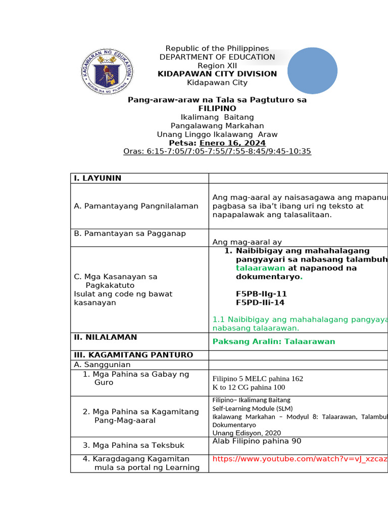 Filipino V Week 9 Day 1 Talaarawan - Final | PDF