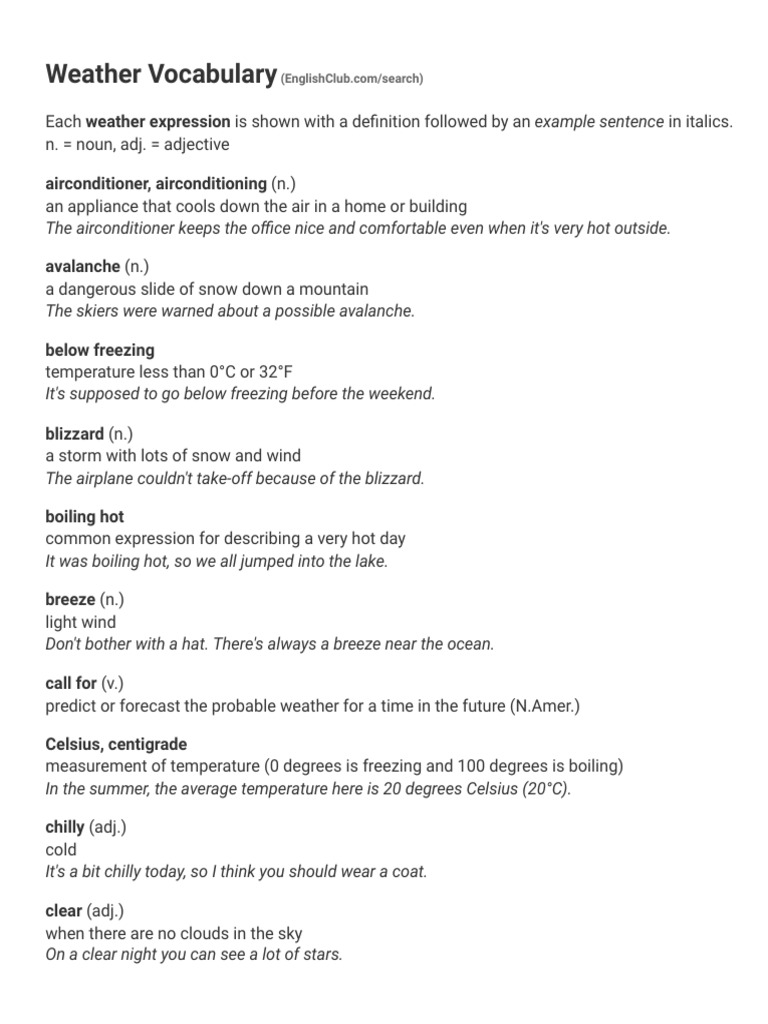Weather Vocabulary - Speaking - EnglishClub | PDF