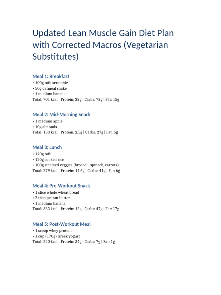 Corrected Lean Muscle Gain Diet Plan | PDF